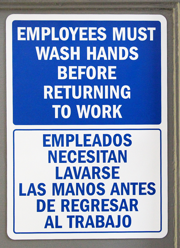 Employees Must Wash Hands Bilingual Restroom Sign, SKU: S-4495