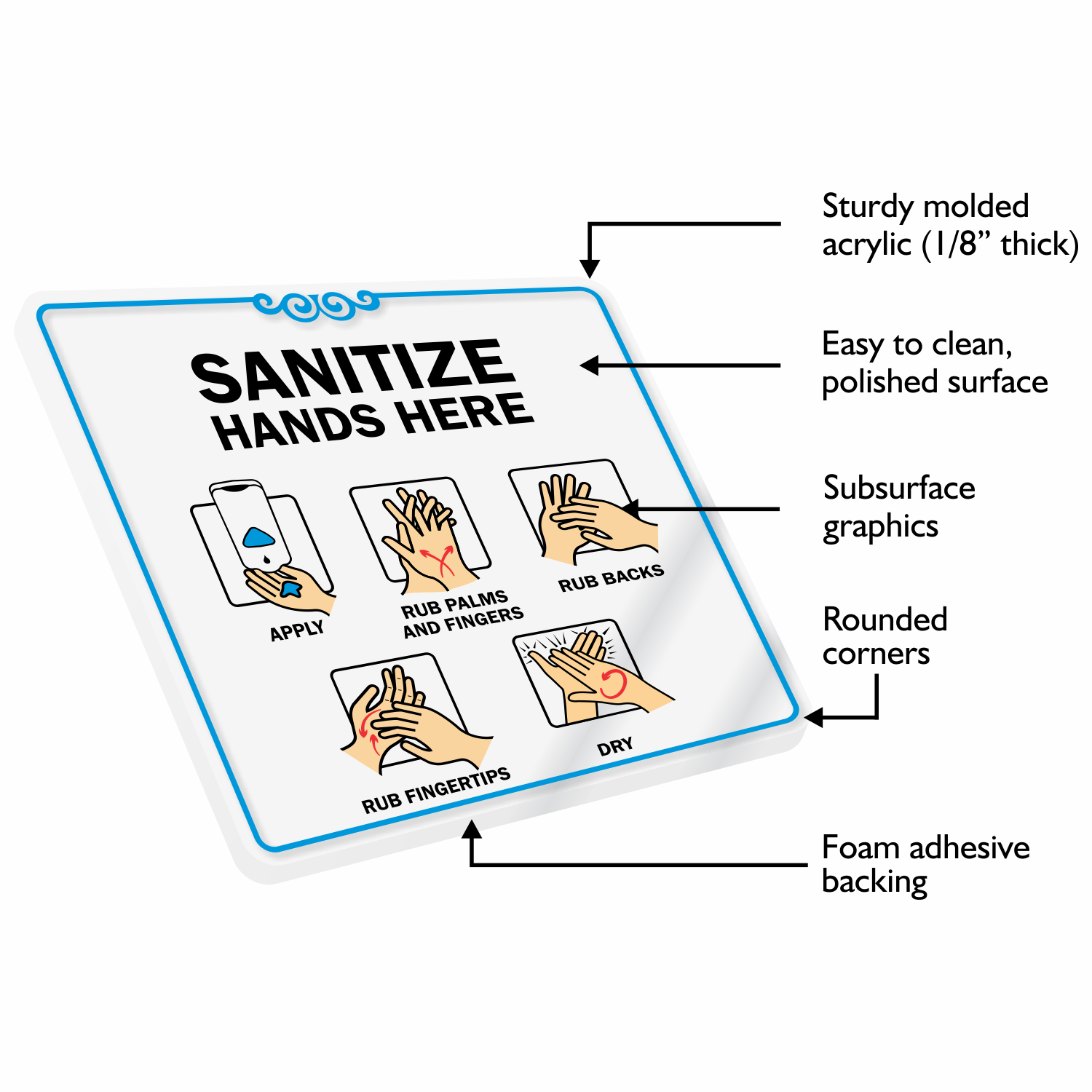 ShowCase Hand Sanitize Sign - Sanitize Hands Here - 6" x 6" Wall Sign