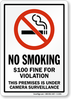 No Smoking $100 Fine for Violation Sign, SKU: S2-1015